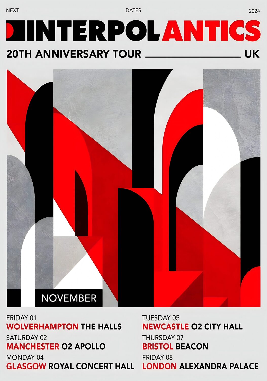 Interpol Band Antics 20th Anniversary 2024 Uk Tour Poster