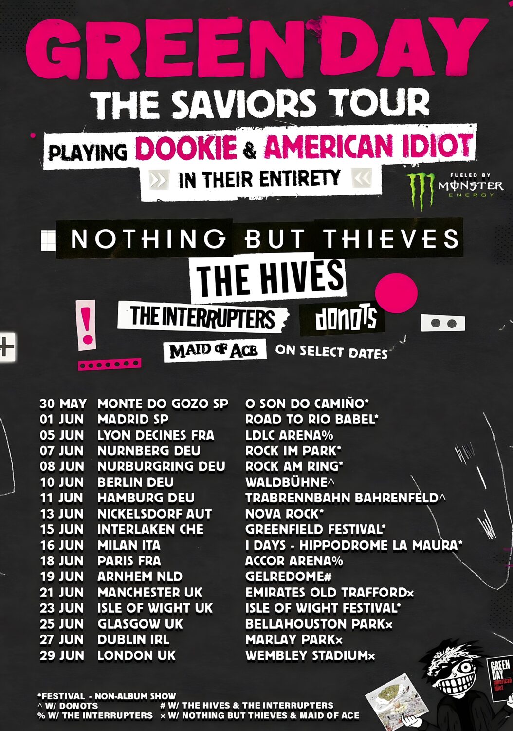 GREEN DAY The Saviors 2024 UK & Europe Stadium Tour Poster