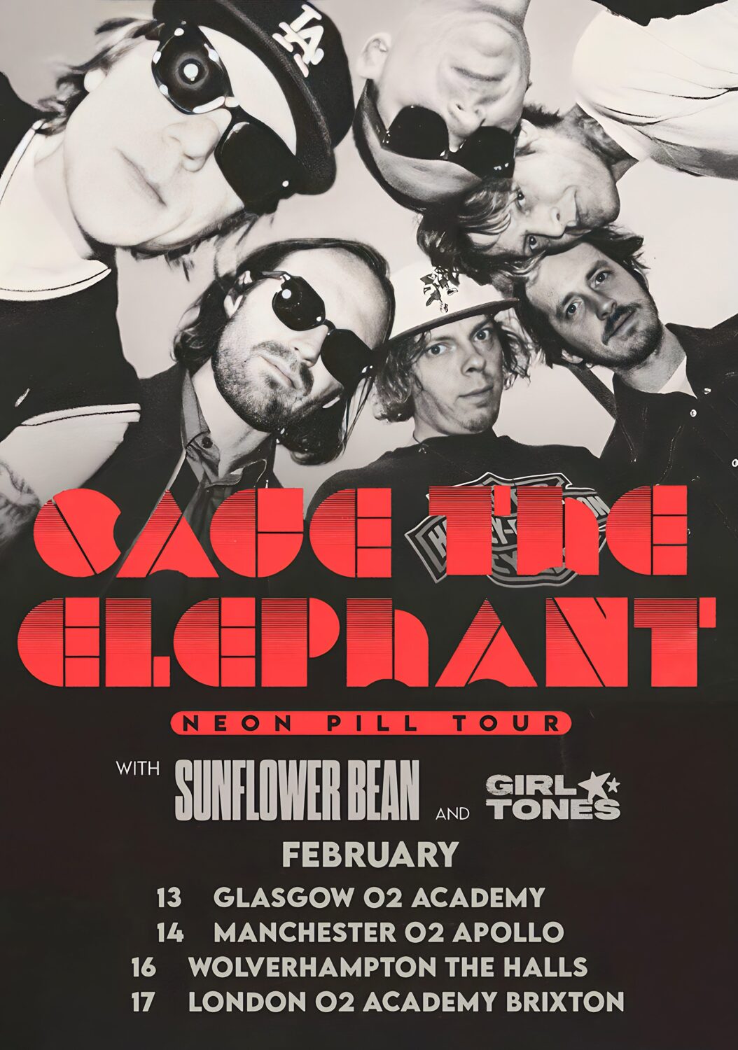 CAGE THE ELEPHANT Neon Pill 2025 UK Tour Poster
