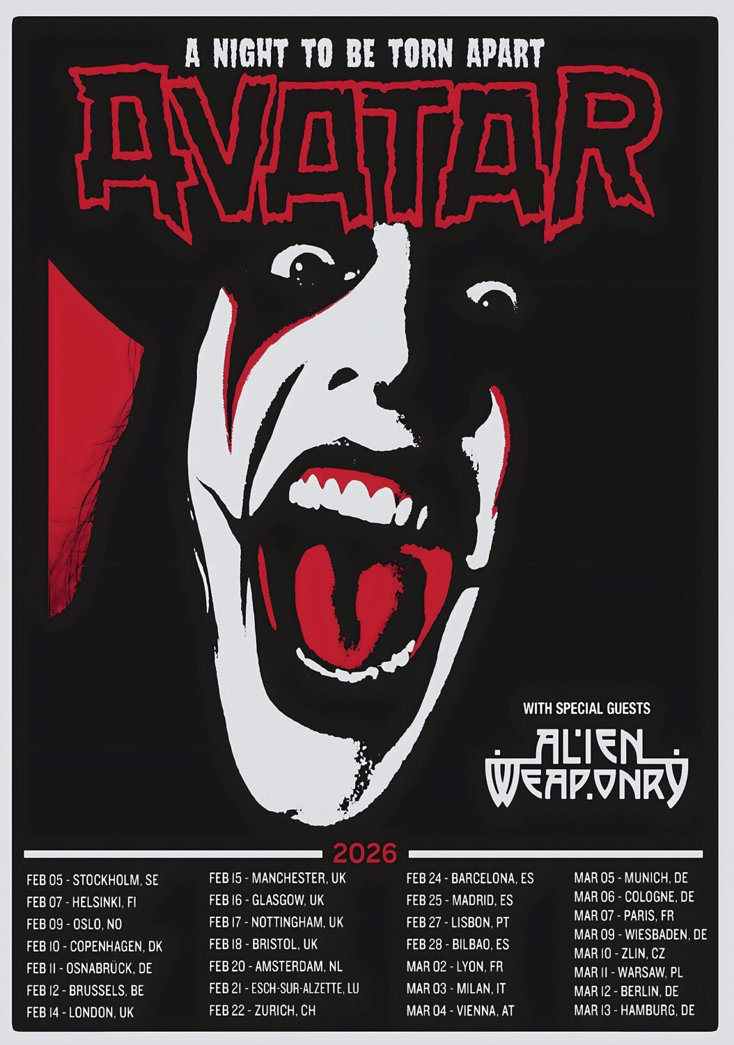 AVATAR (band) 2026 UK & Europe Tour Poster